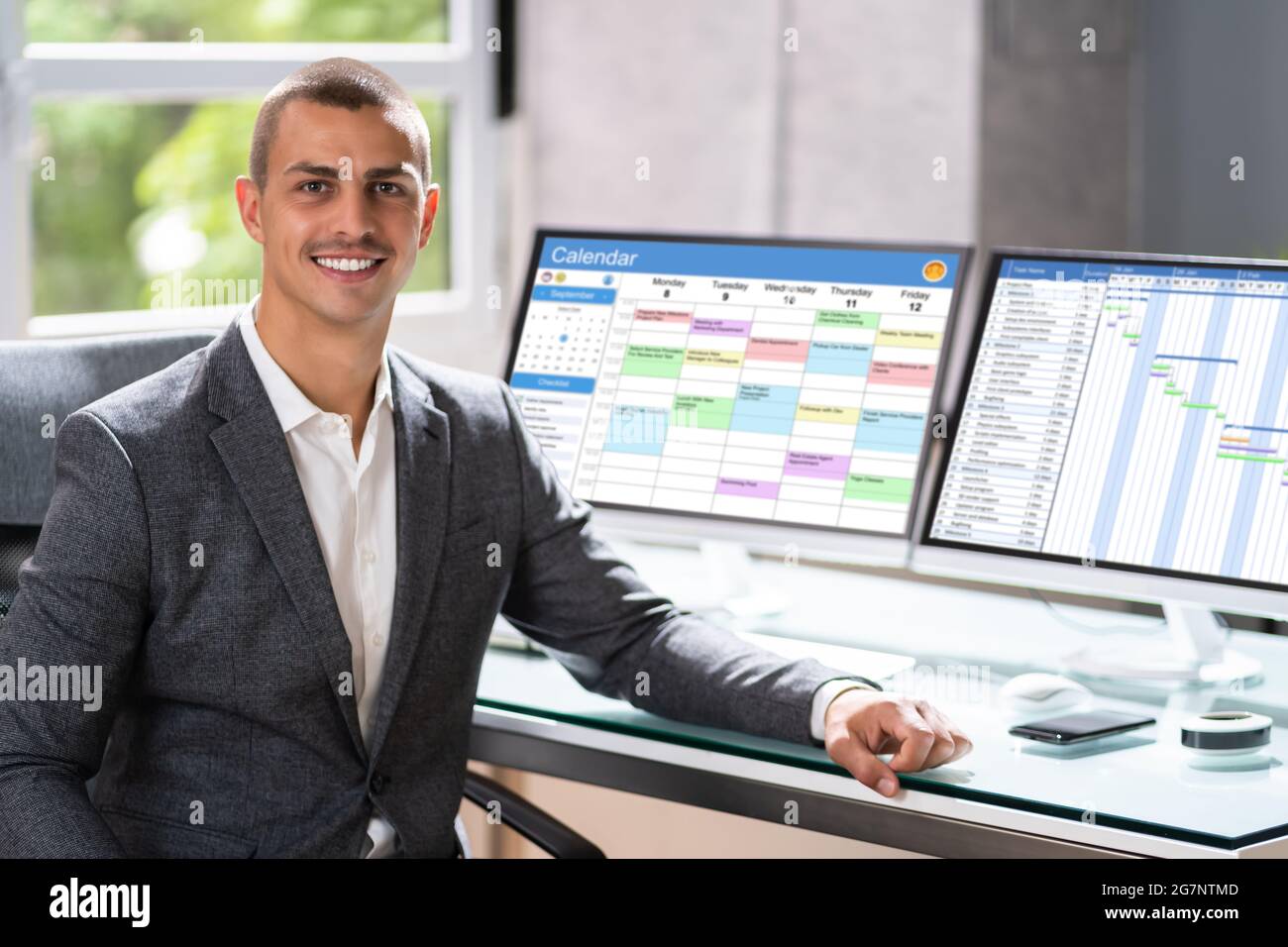 Happy Project Manager In Office Using Cloud Software On Computer Screen ...