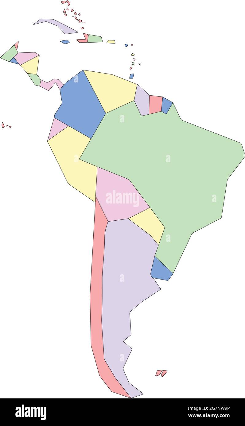 Vector map of South and Central America to study, colorful with outline ...