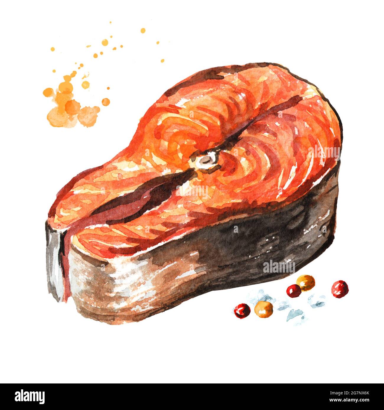 Delicious grilled salmon fish fillet. Watercolor hand drawn ...
