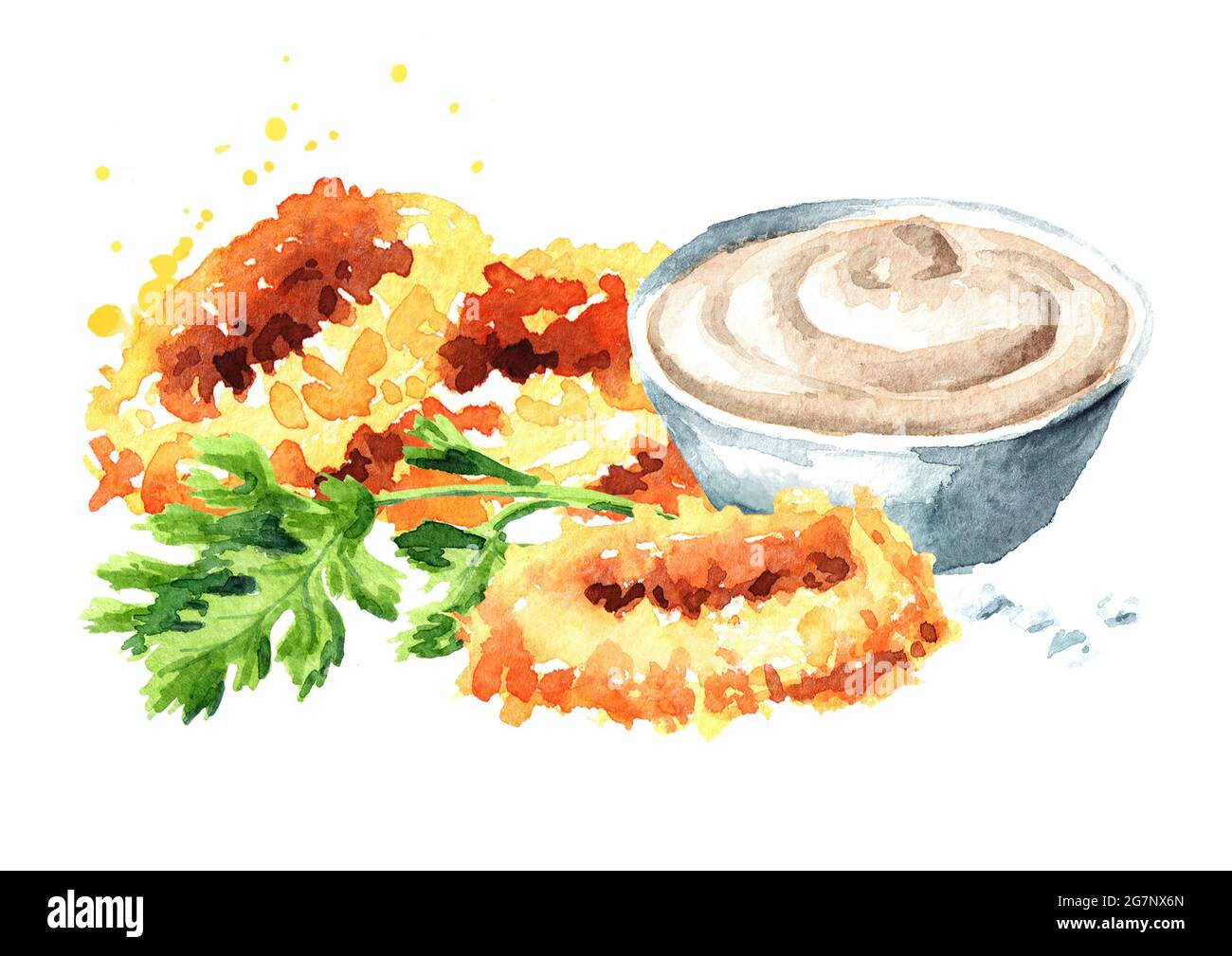 Deep Fried squid rings with and sauce, seafood, Watercolor hand drawn ...