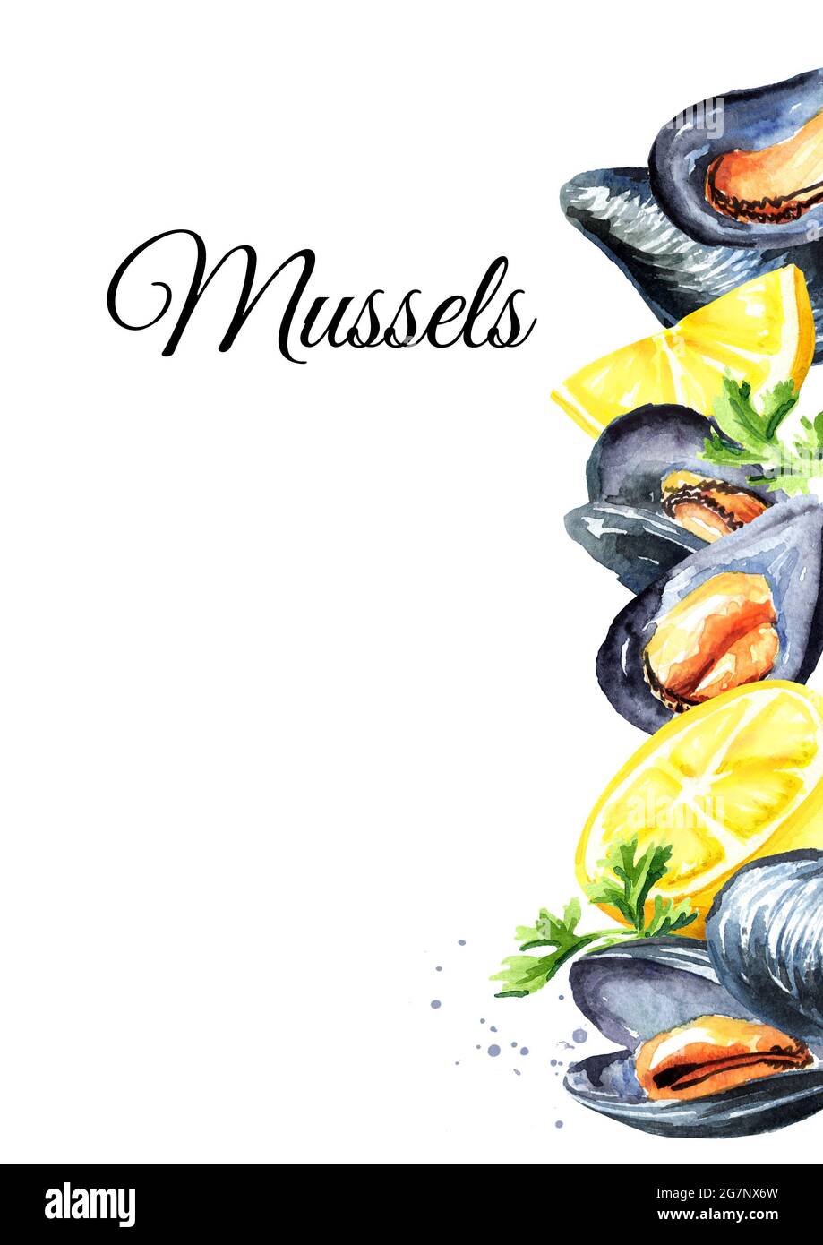 Mussels with lemon and herb, seafood card template, Watercolor hand ...