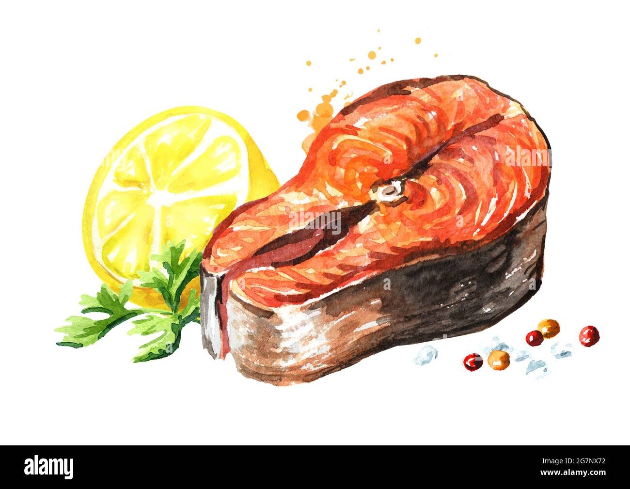 Grilled salmon fish fillet with lemon and spicies. Watercolor hand ...