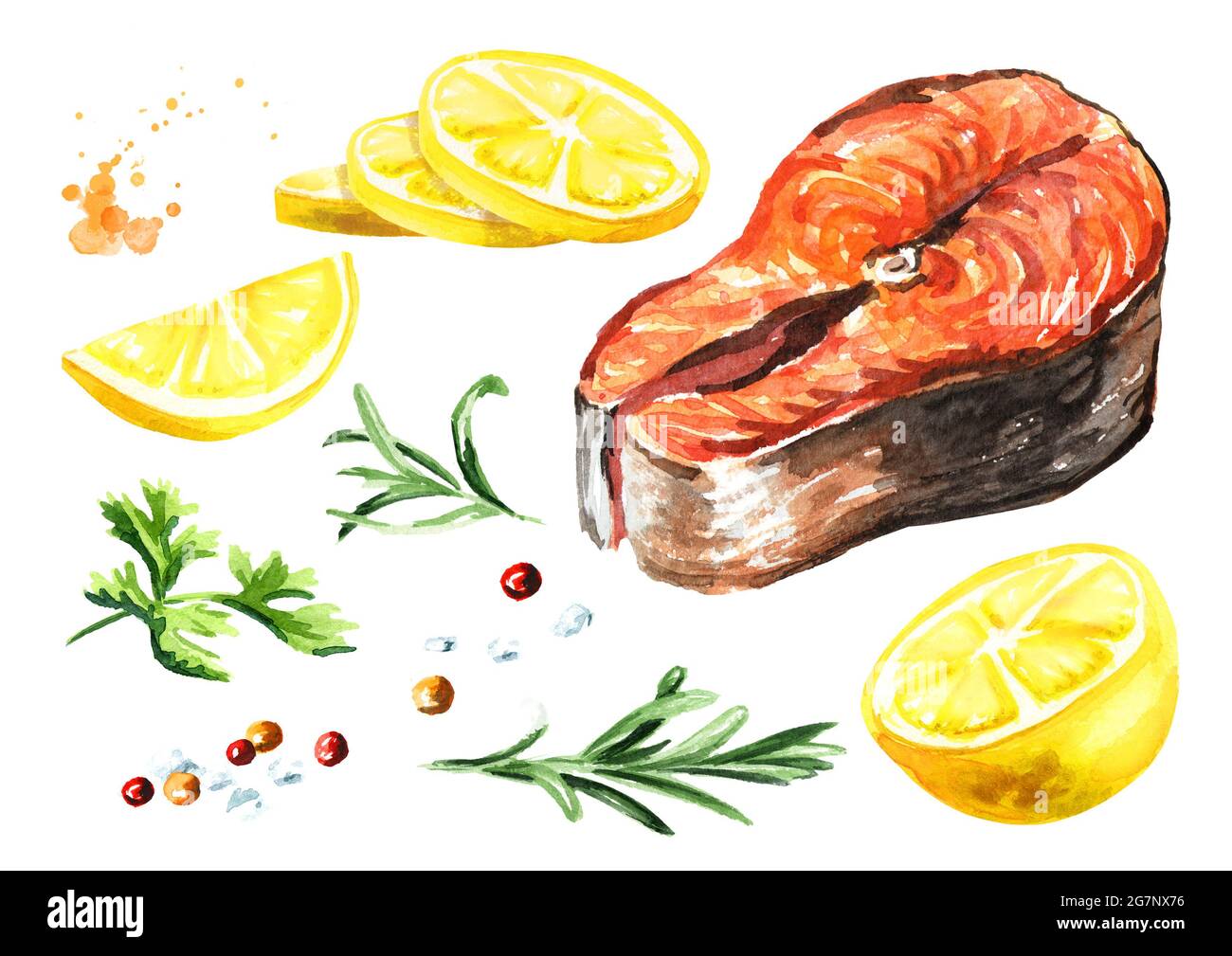 Delicious grilled salmon fish fillet with lemon, rosemary and spicies ...