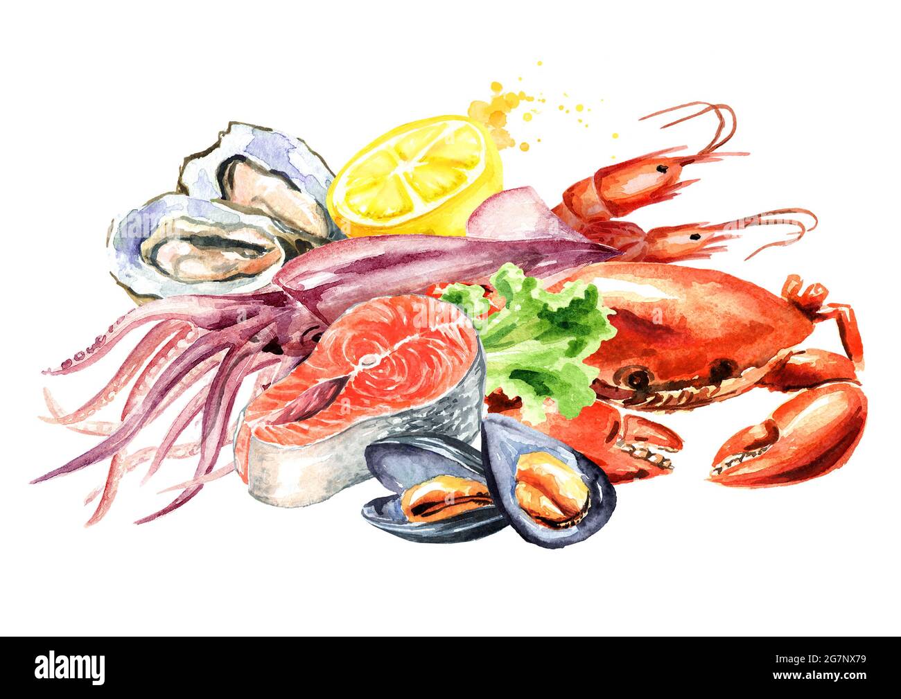 Seafood composition, Watercolor hand drawn illustration isolated on ...