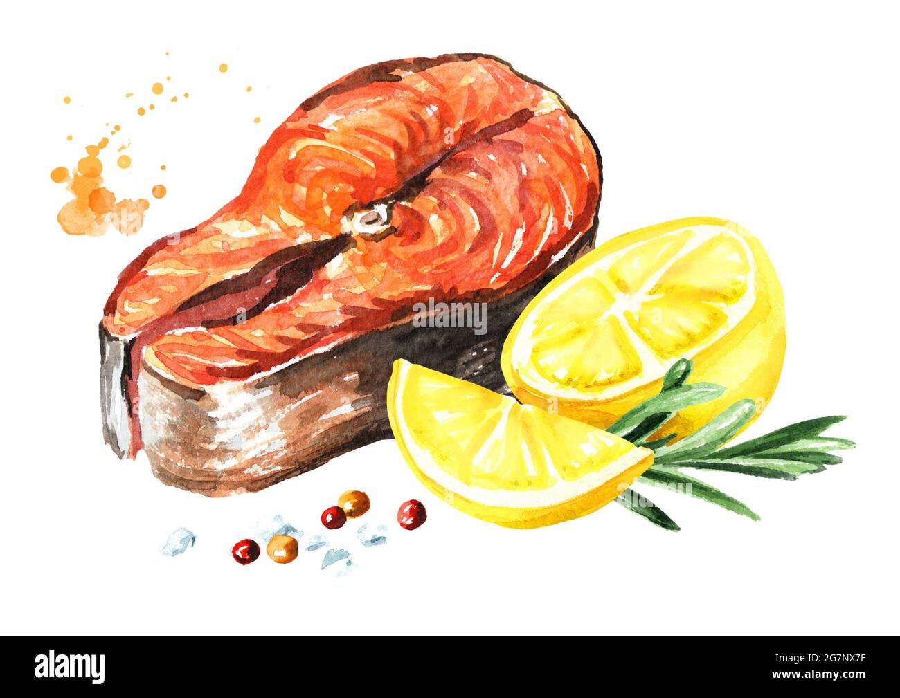 Delicious grilled salmon fish fillet with lemon, rosemary and spicies ...