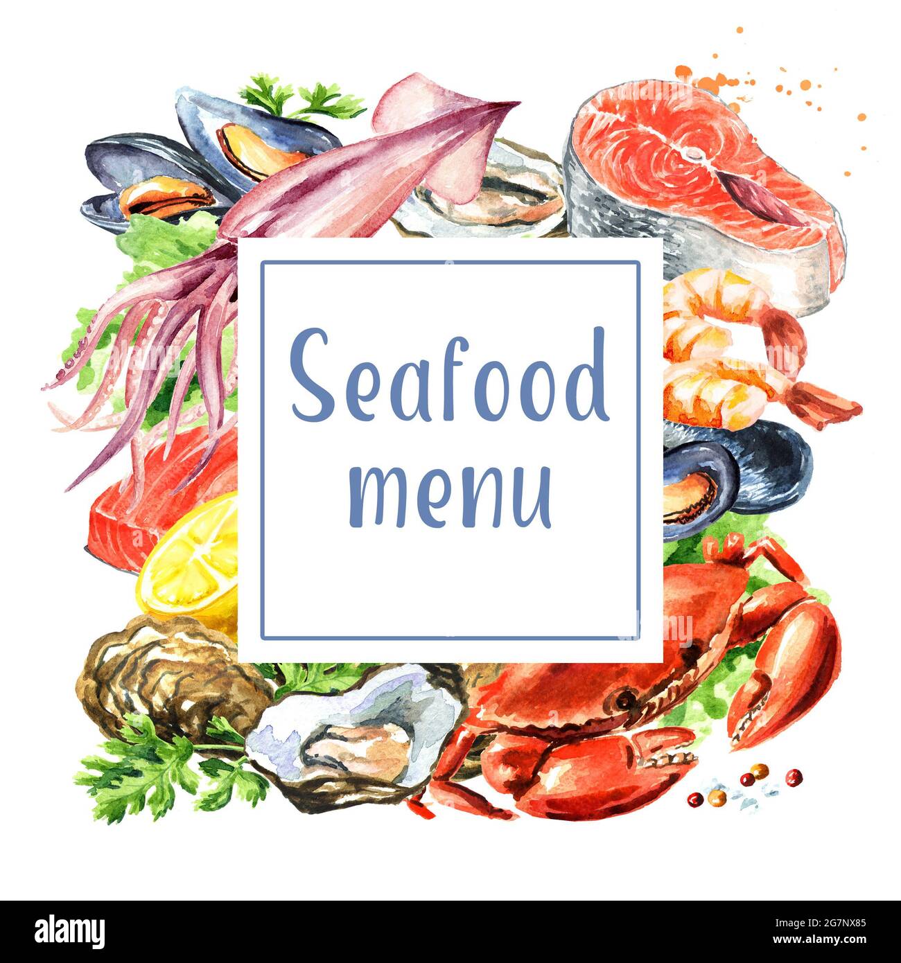 Seafood card, Watercolor hand drawn illustration isolated on white ...