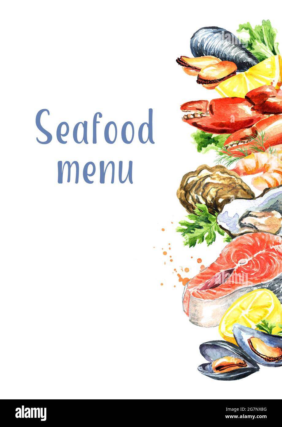 Seafood menu card, Watercolor hand drawn illustration isolated on white ...