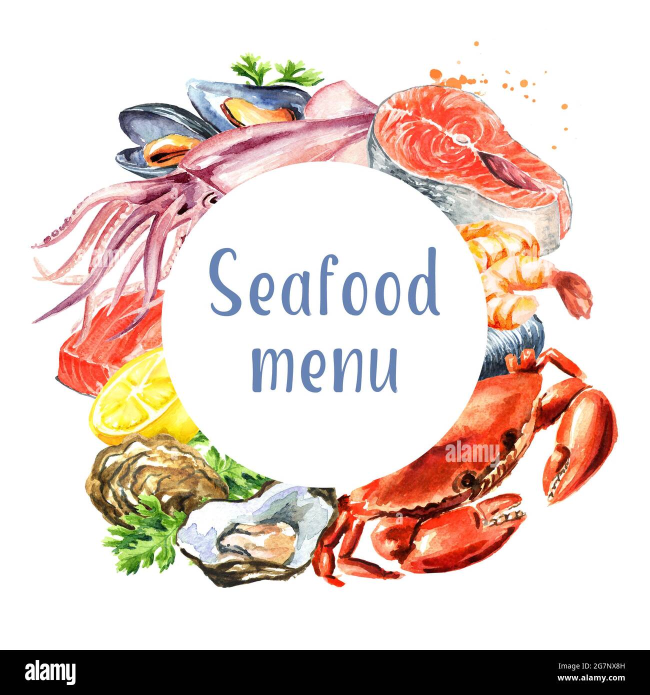 Seafood card, Watercolor hand drawn illustration, isolated on white ...