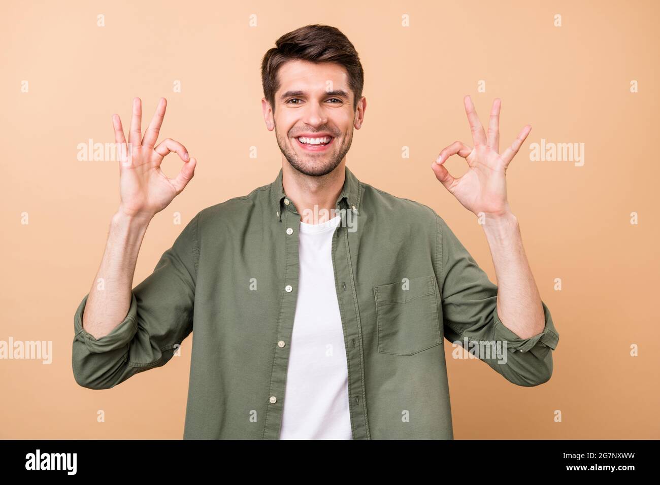 Photo of pretty attractive young guy dressed green shirt smiling ...