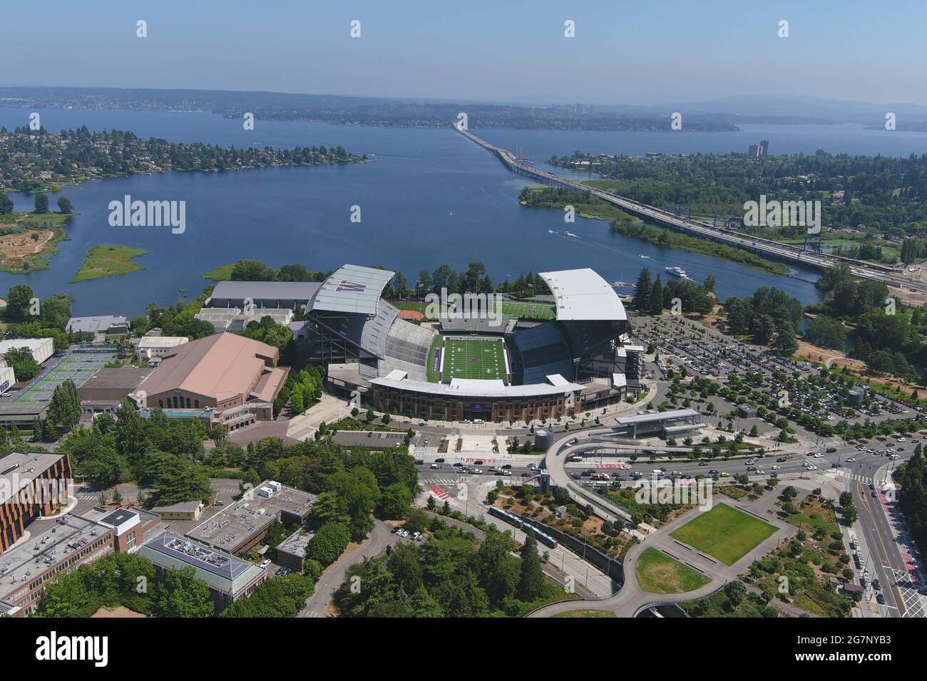 An aerial view of the Husky Stadium on the campus of the University of ...