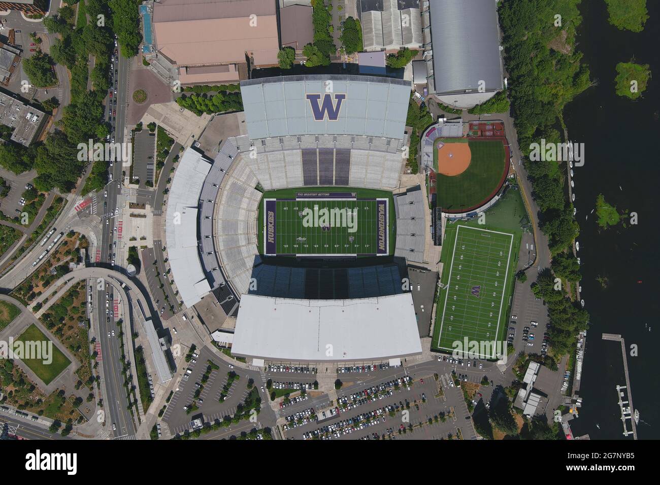 An aerial view of the Husky Stadium on the campus of the University of ...