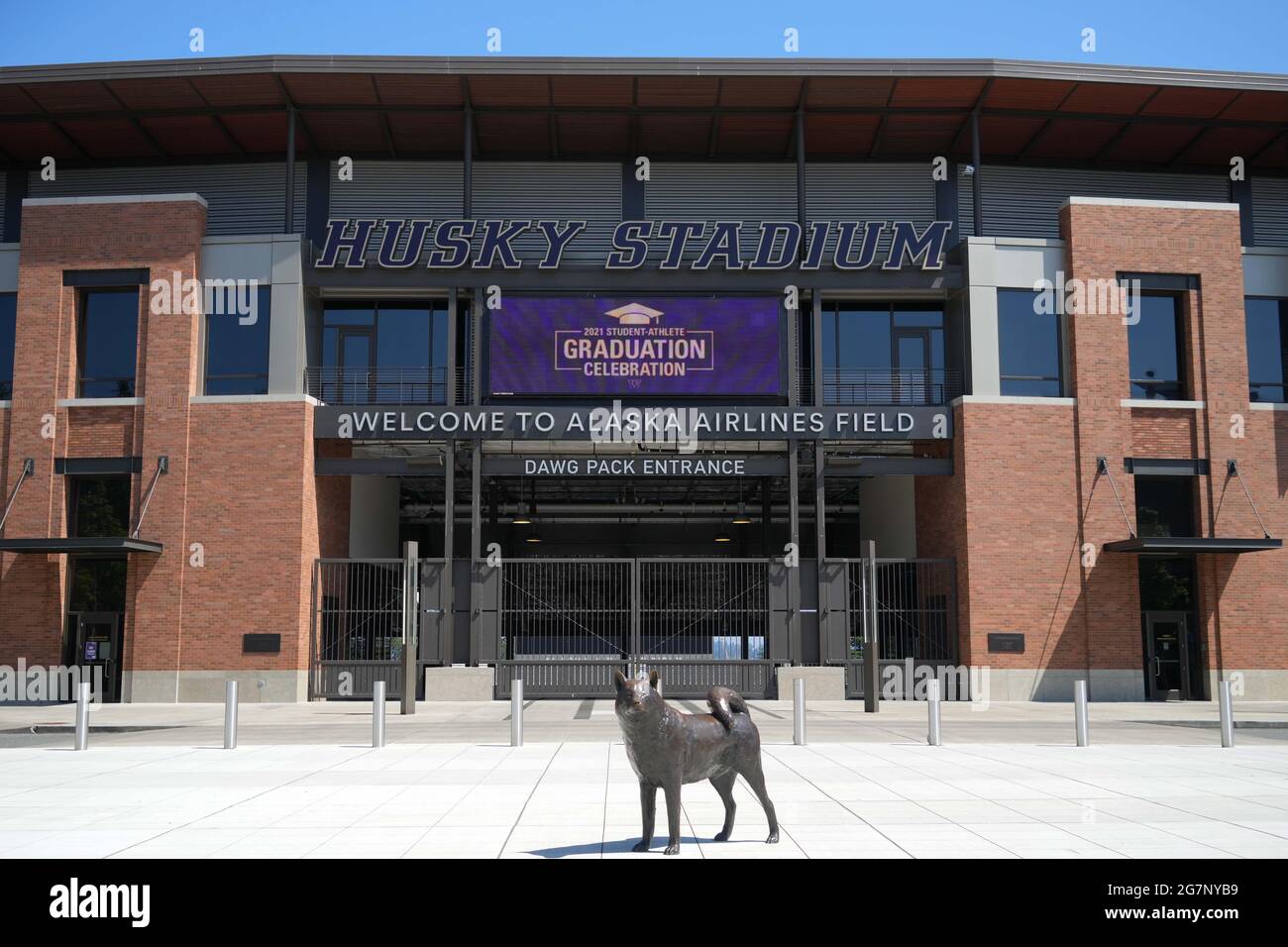 A general view of Husky dog statue at the Dawg Pack entrance to Husky ...