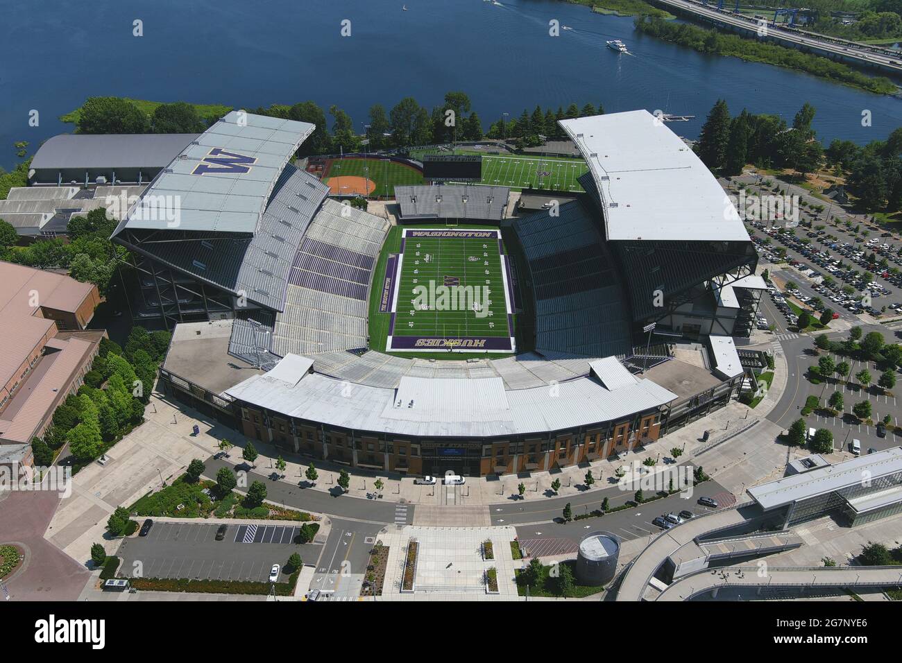 An aerial view of the Husky Stadium on the campus of the University of ...