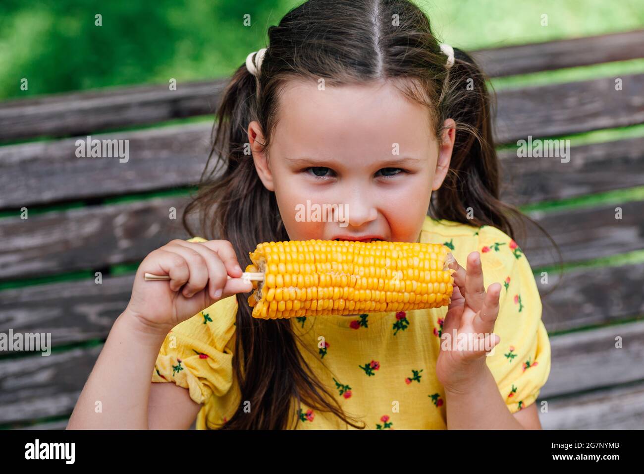 a charming six-year-old girl with pigtails in a yellow dress has a ...