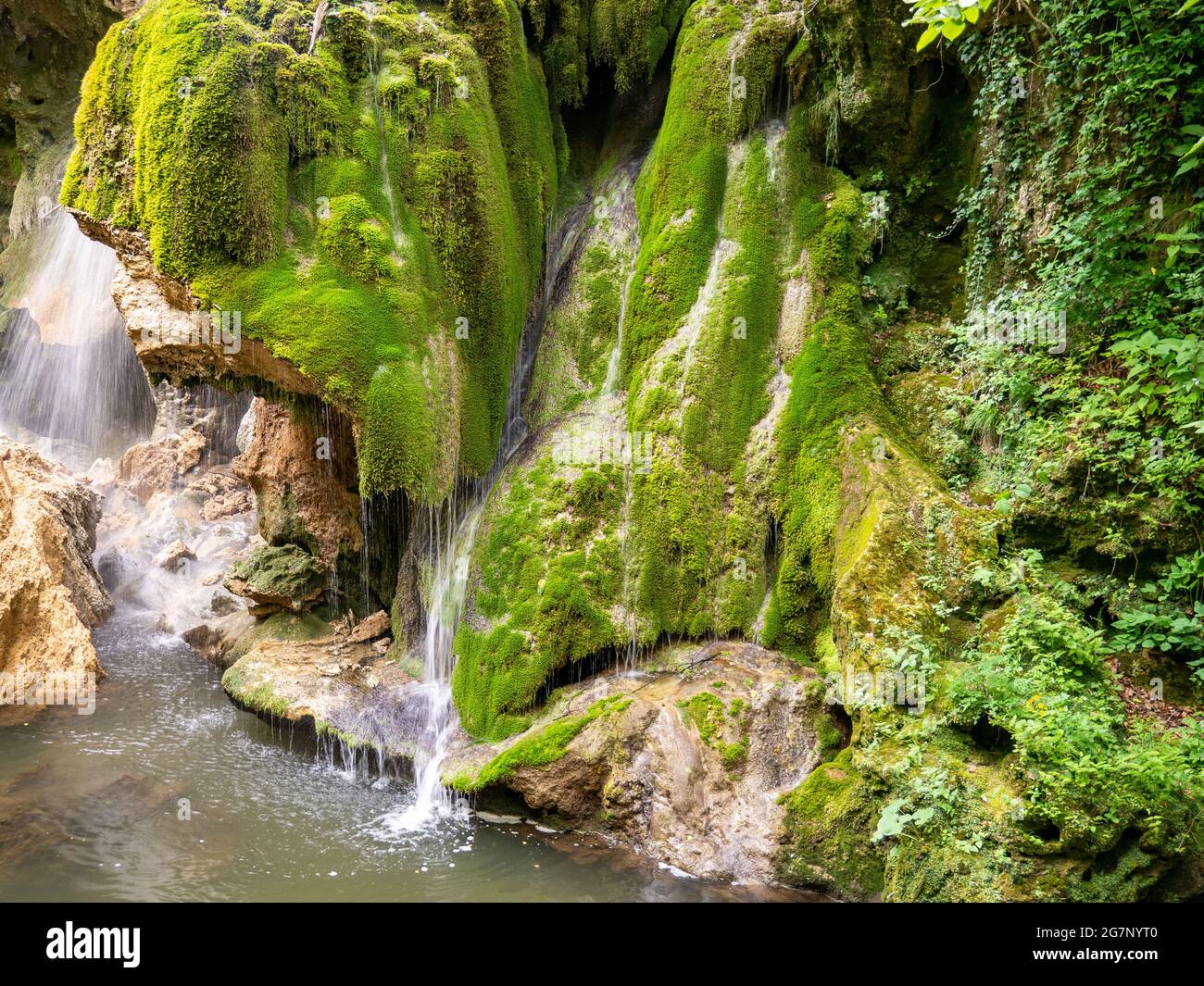 Aerial view of the Bigar waterfall in Romania in daylight Stock Photo ...