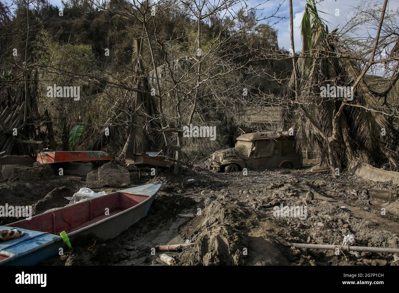 Damaged houses and trees are seen covered in volcanic ash following the ...