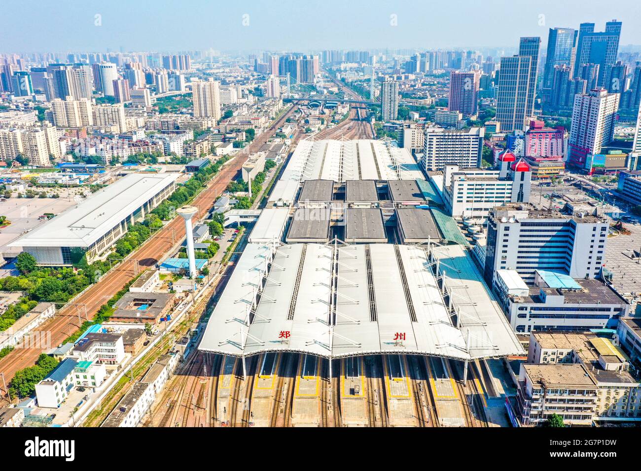 An aerial shot of Zhengzhou Railway Station in Zhengzhou, South central ...