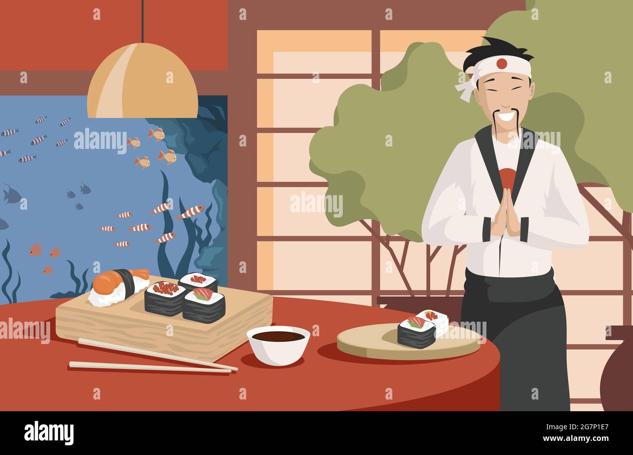 Healthy and tasty Japanese food vector flat illustration. Japan chef ...
