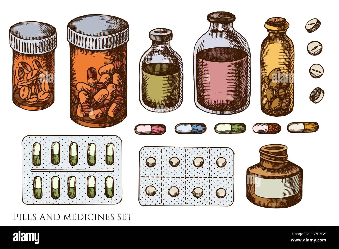 Vector set of hand drawn colored pills and medicines Stock Vector Image ...