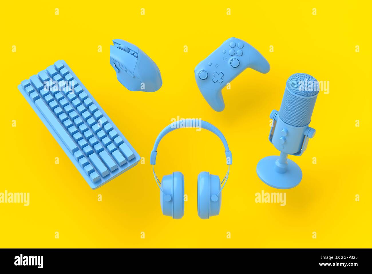 Flying monochrome blue gamer gears like mouse, keyboard, joystick ...