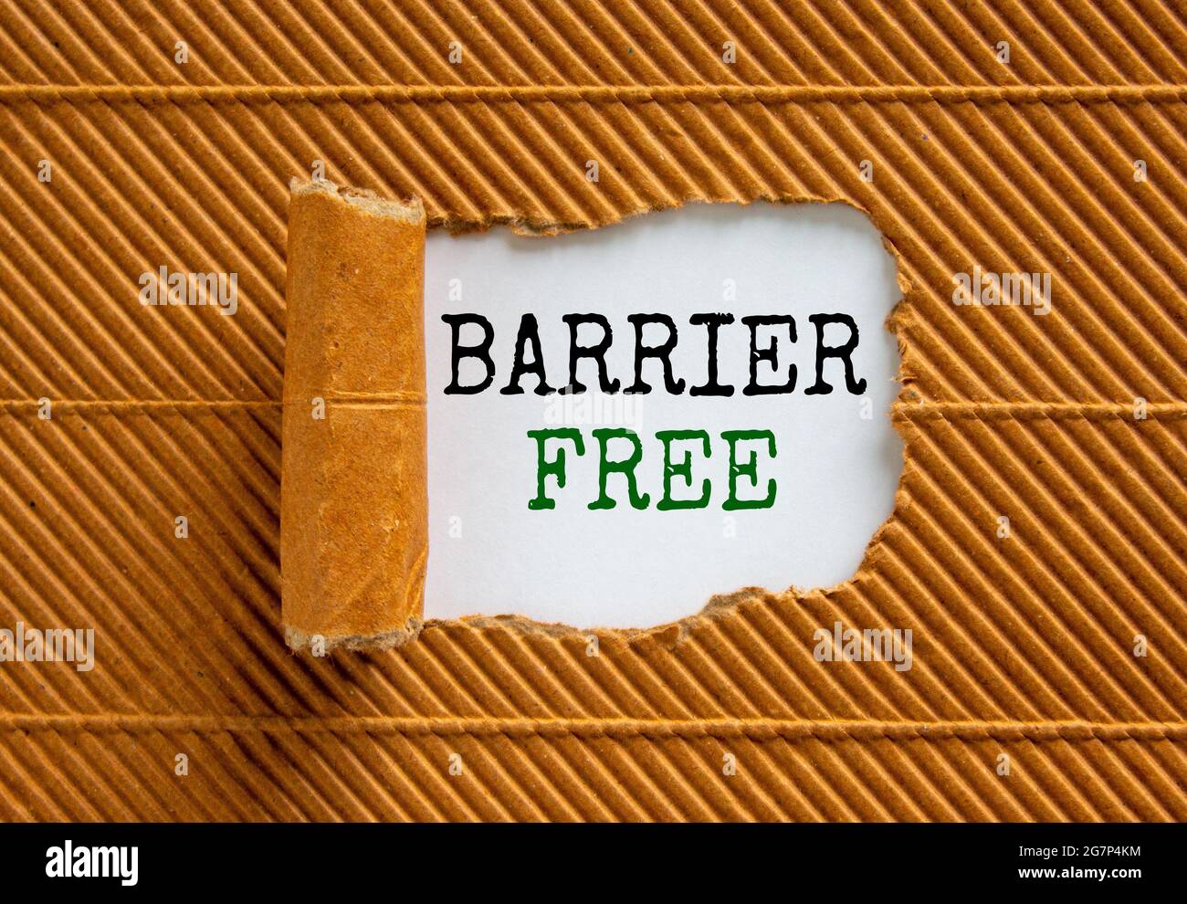 Barrier free symbol. Words 'Barrier free' appearing behind torn brown ...