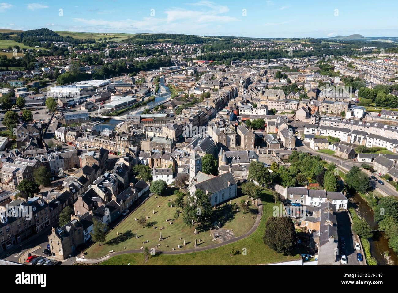 Aerial view of St Mary's church, the River Slitrig and Hawick town ...