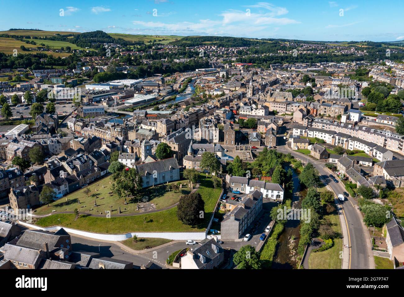 Aerial view of St Mary's church, the River Slitrig and Hawick town ...