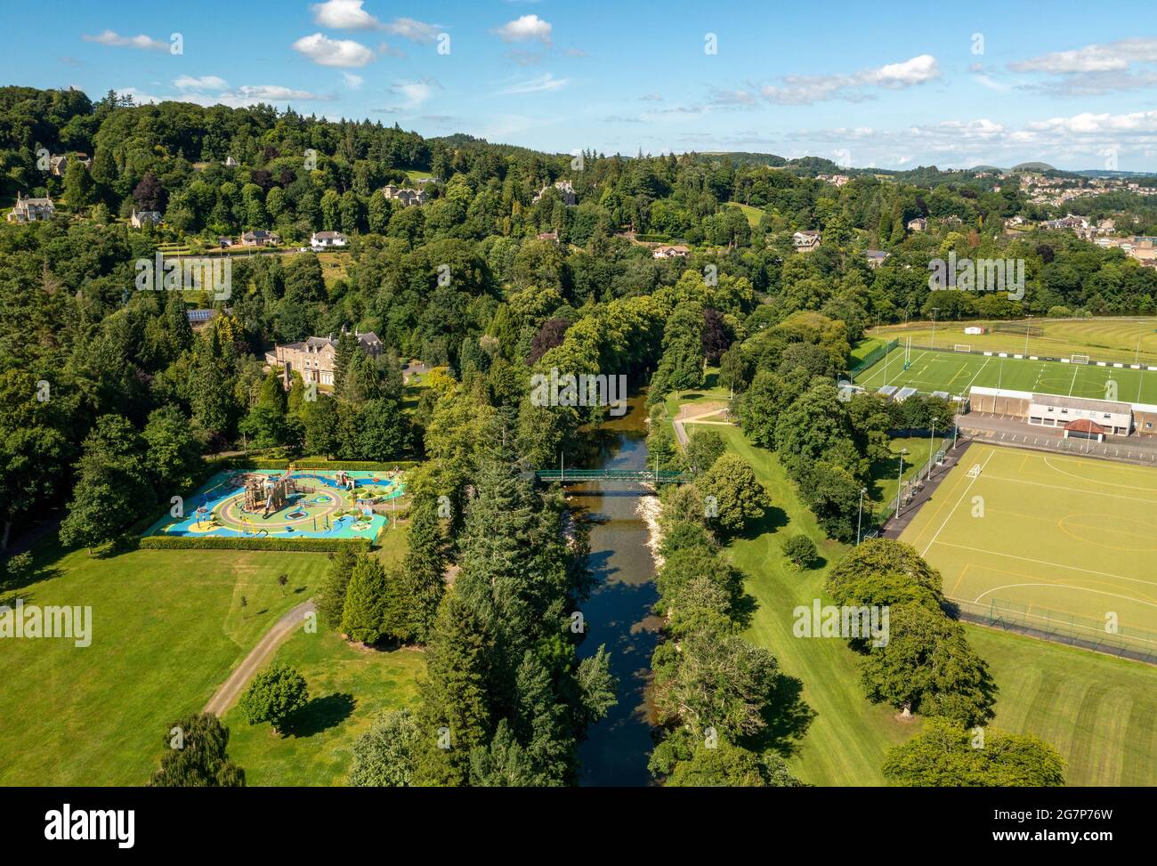 Aerial view of the river Teviot and Wilton Lodge Park, Hawick, Scotland ...