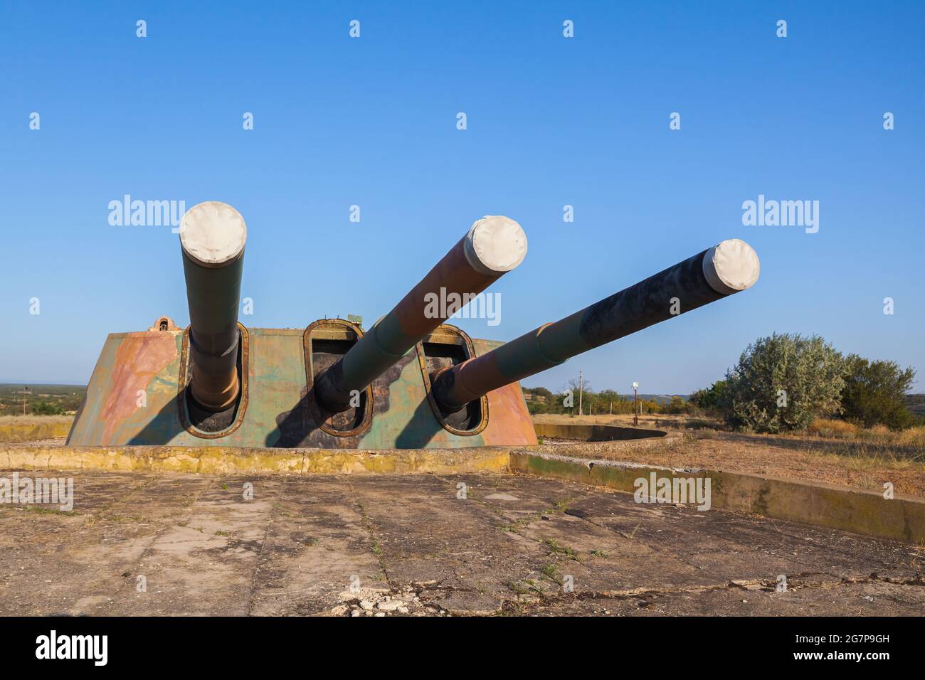 Triple gun of Armored battery 30. Soviet military unit which was ...