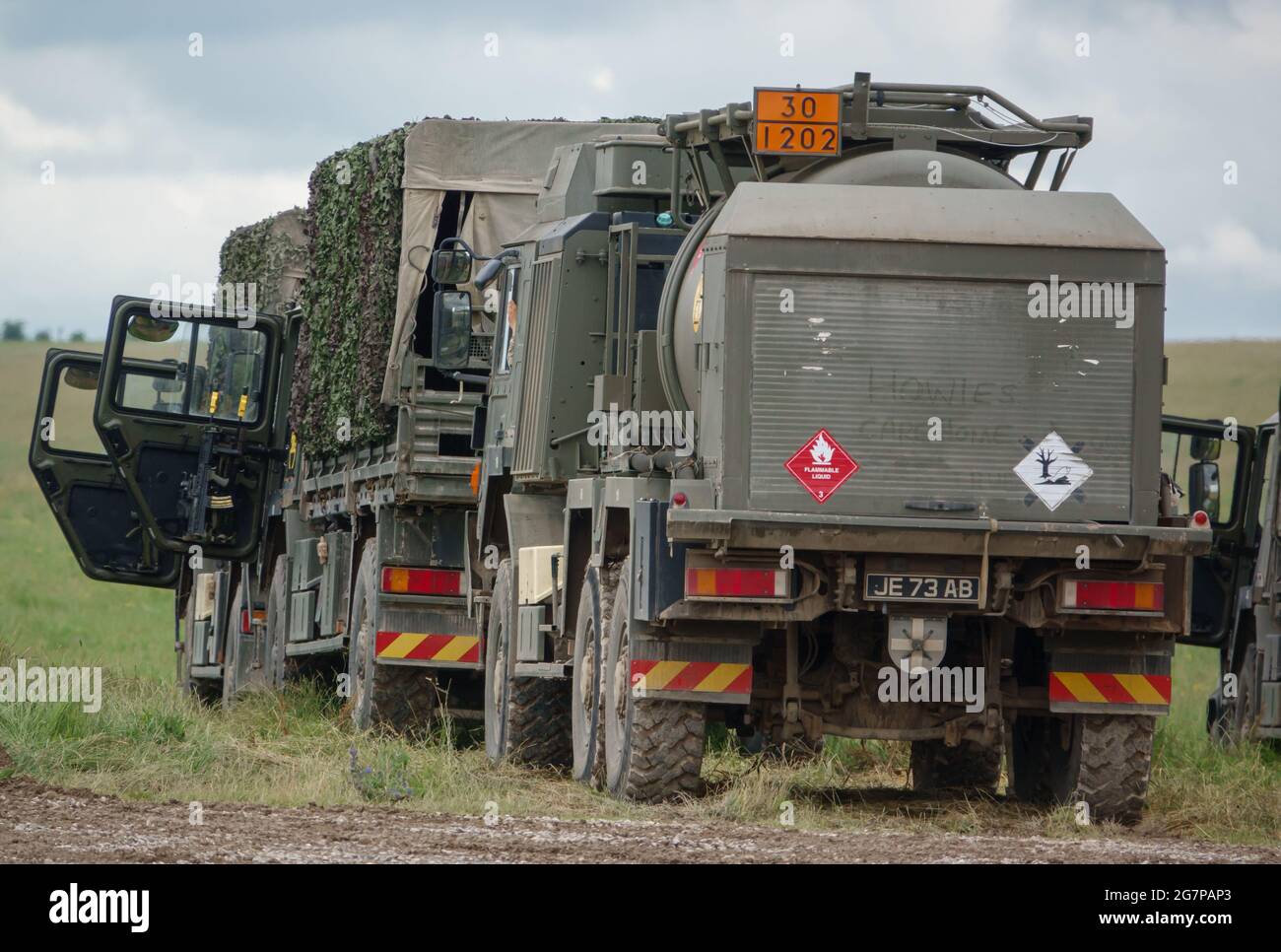 British army M.A.N. unit support tanker on exercise, Salisbury Plain ...