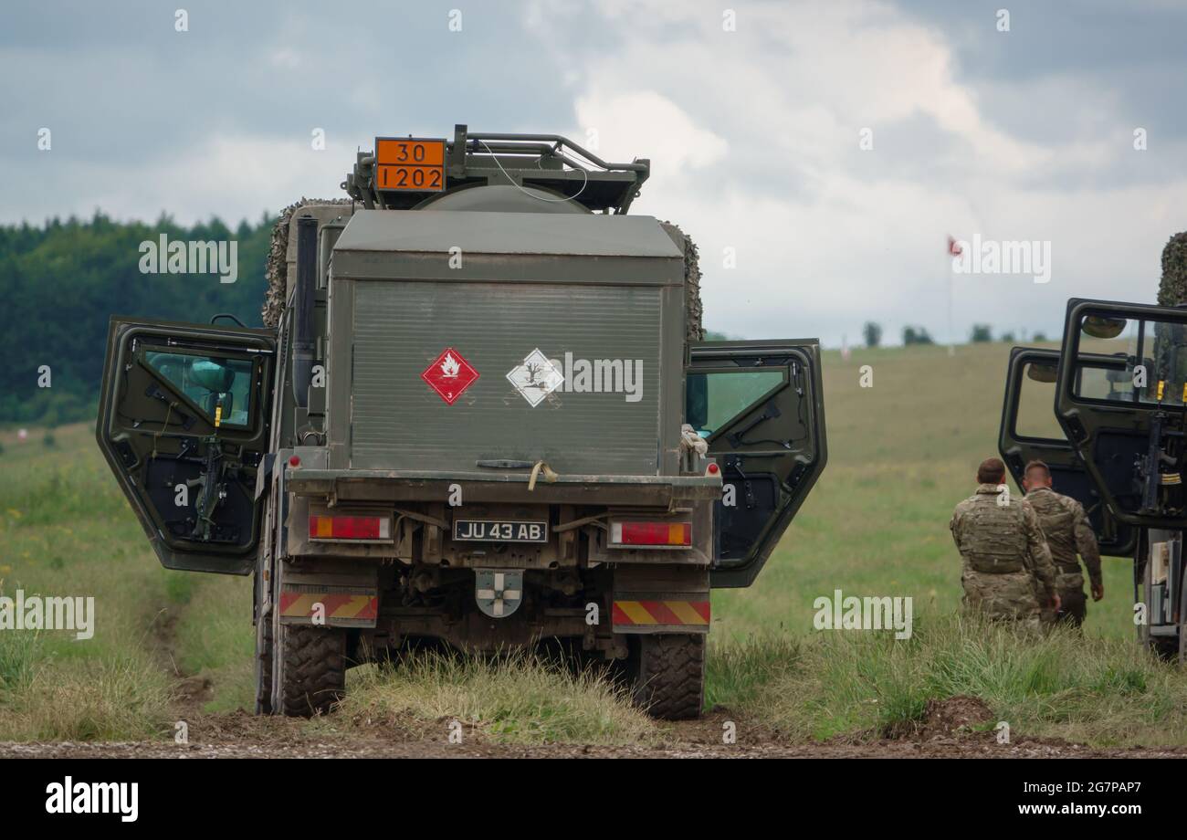 British army M.A.N. unit support tanker on exercise, Salisbury Plain ...