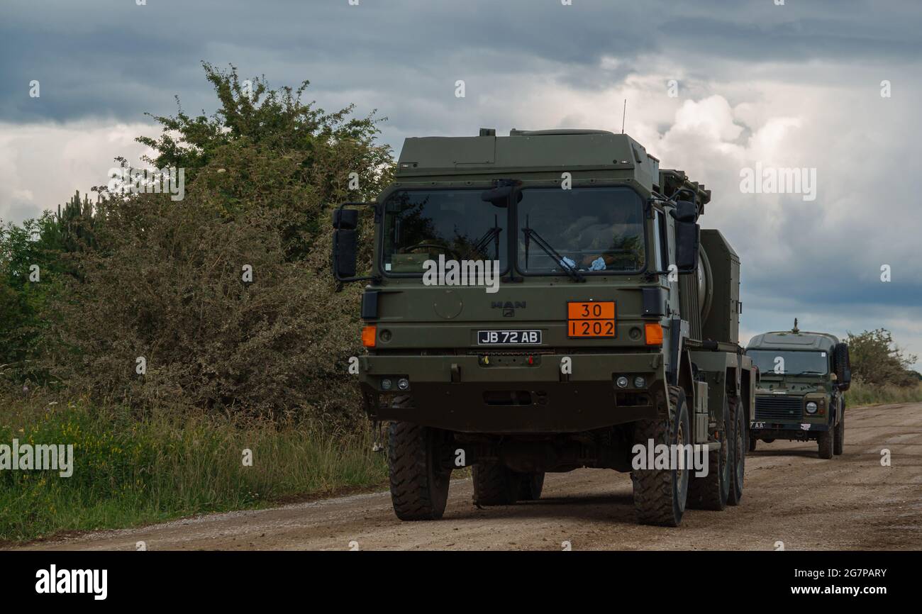 British army M.A.N. unit support tanker on exercise, Salisbury Plain ...