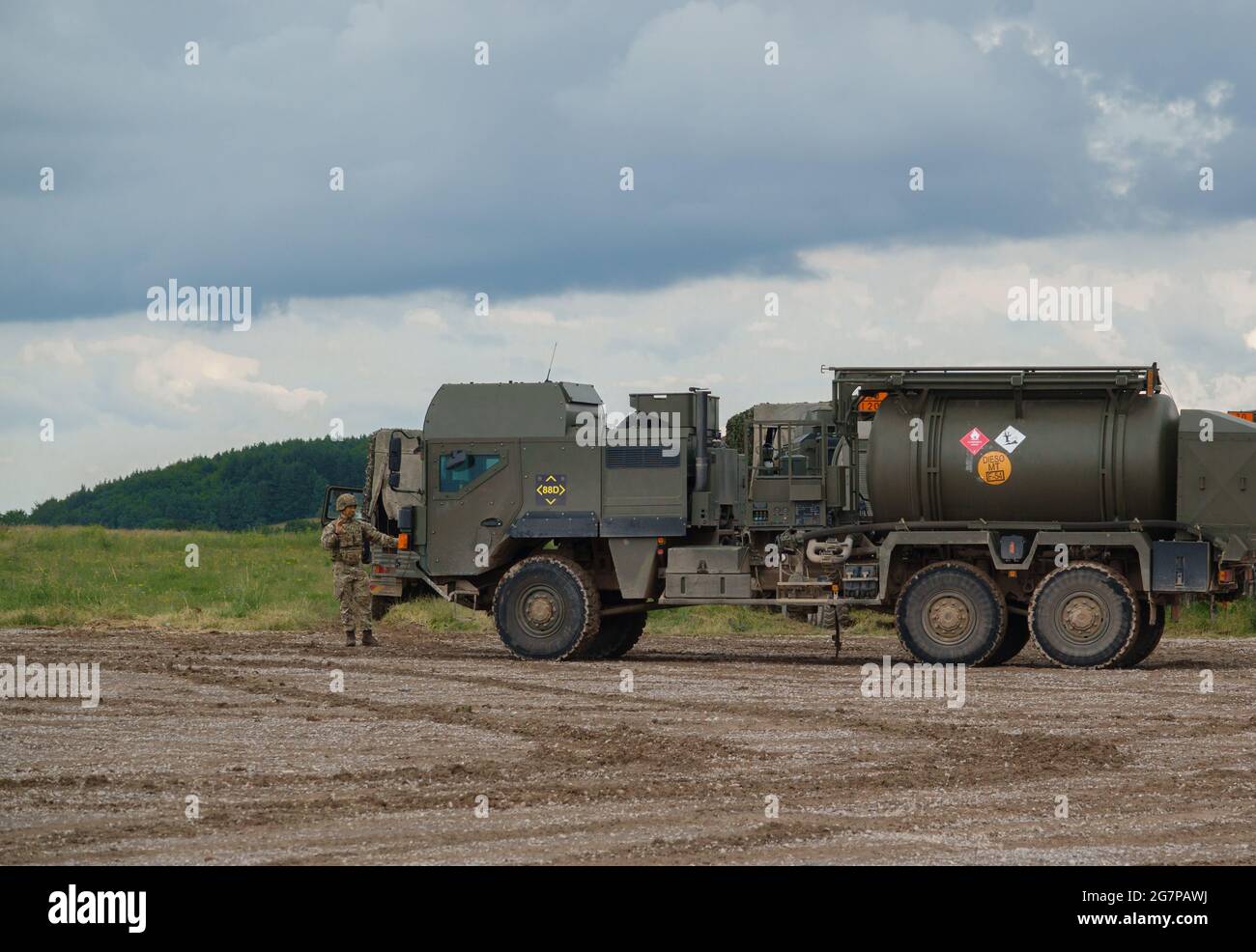 British army M.A.N. unit support tanker on exercise, Salisbury Plain ...