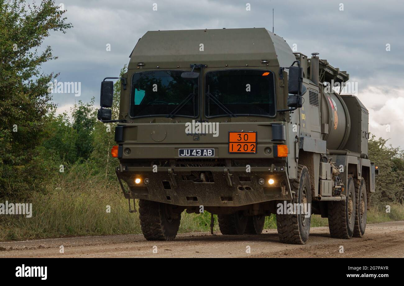 British army M.A.N. unit support tanker on exercise, Salisbury Plain ...