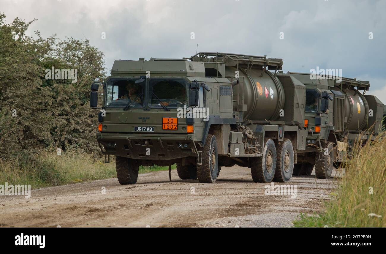 British army M.A.N. unit support tanker on exercise, Salisbury Plain ...