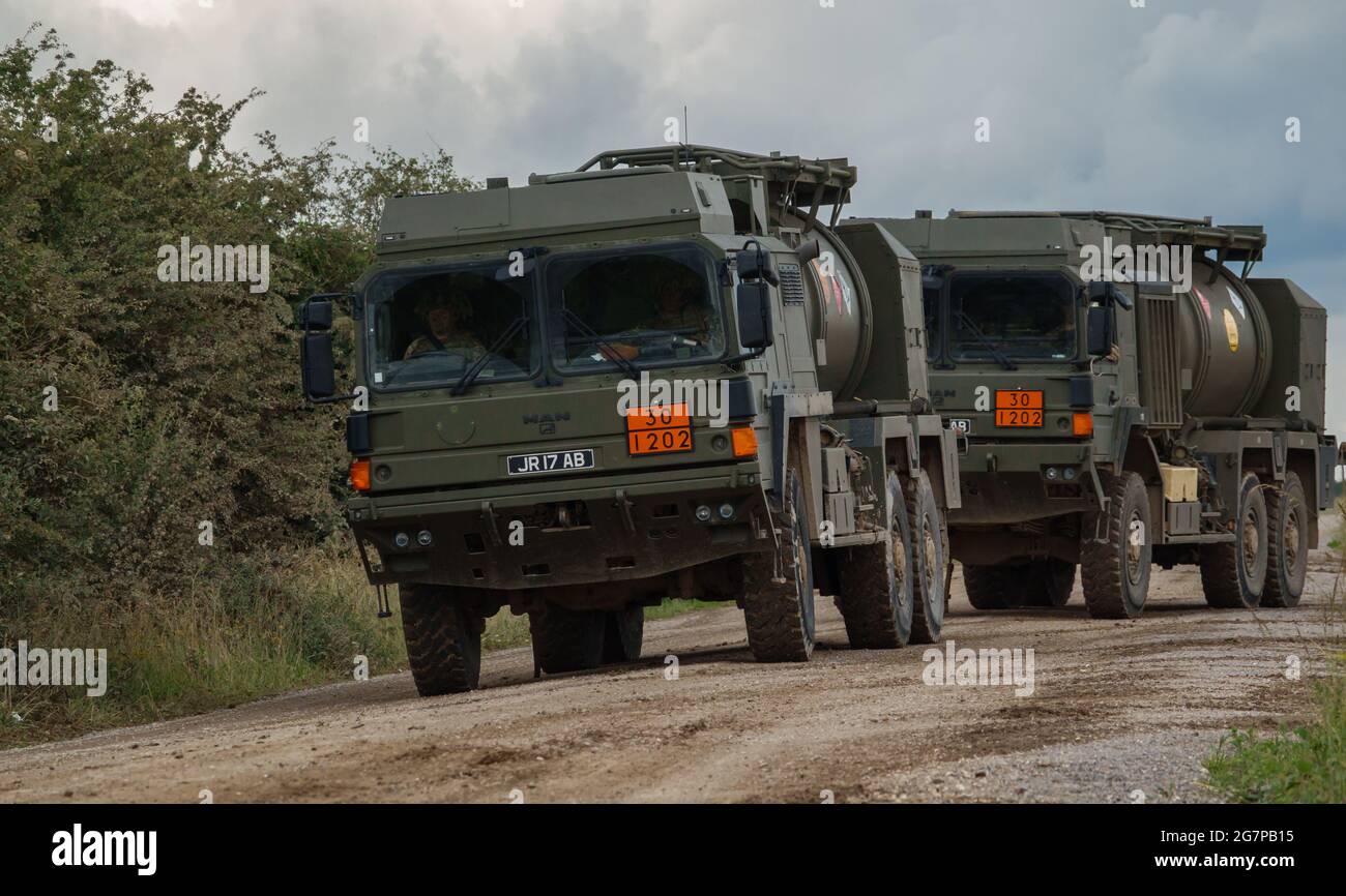 British army M.A.N. unit support tanker on exercise, Salisbury Plain ...