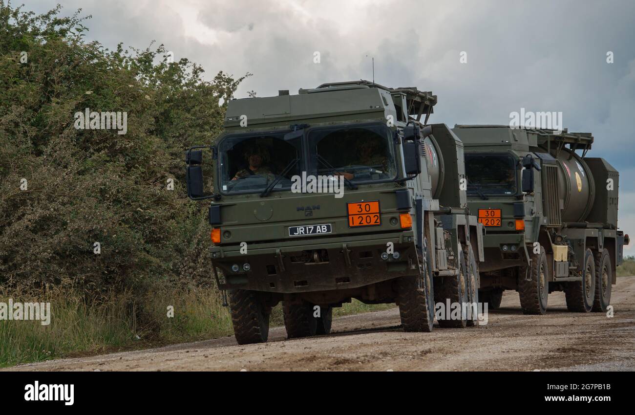 British army M.A.N. unit support tanker on exercise, Salisbury Plain ...
