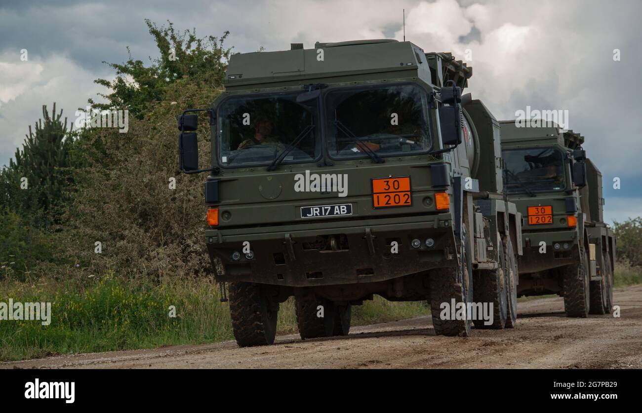 British army M.A.N. unit support tanker on exercise, Salisbury Plain ...