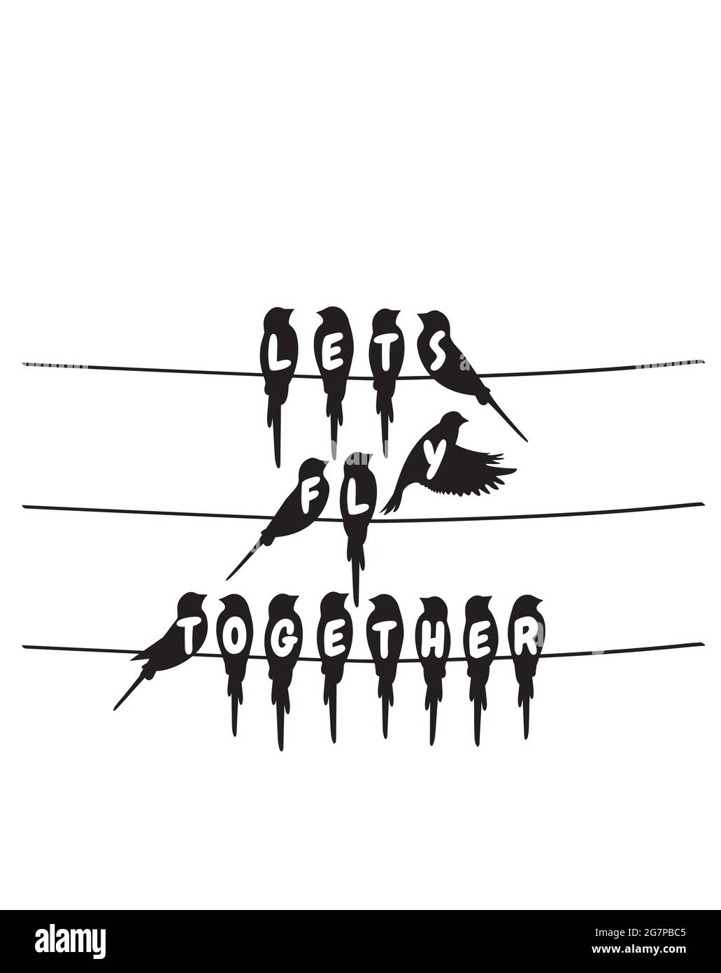 Let's fly together, birds on wire, vector. Art decoration, wall decals ...