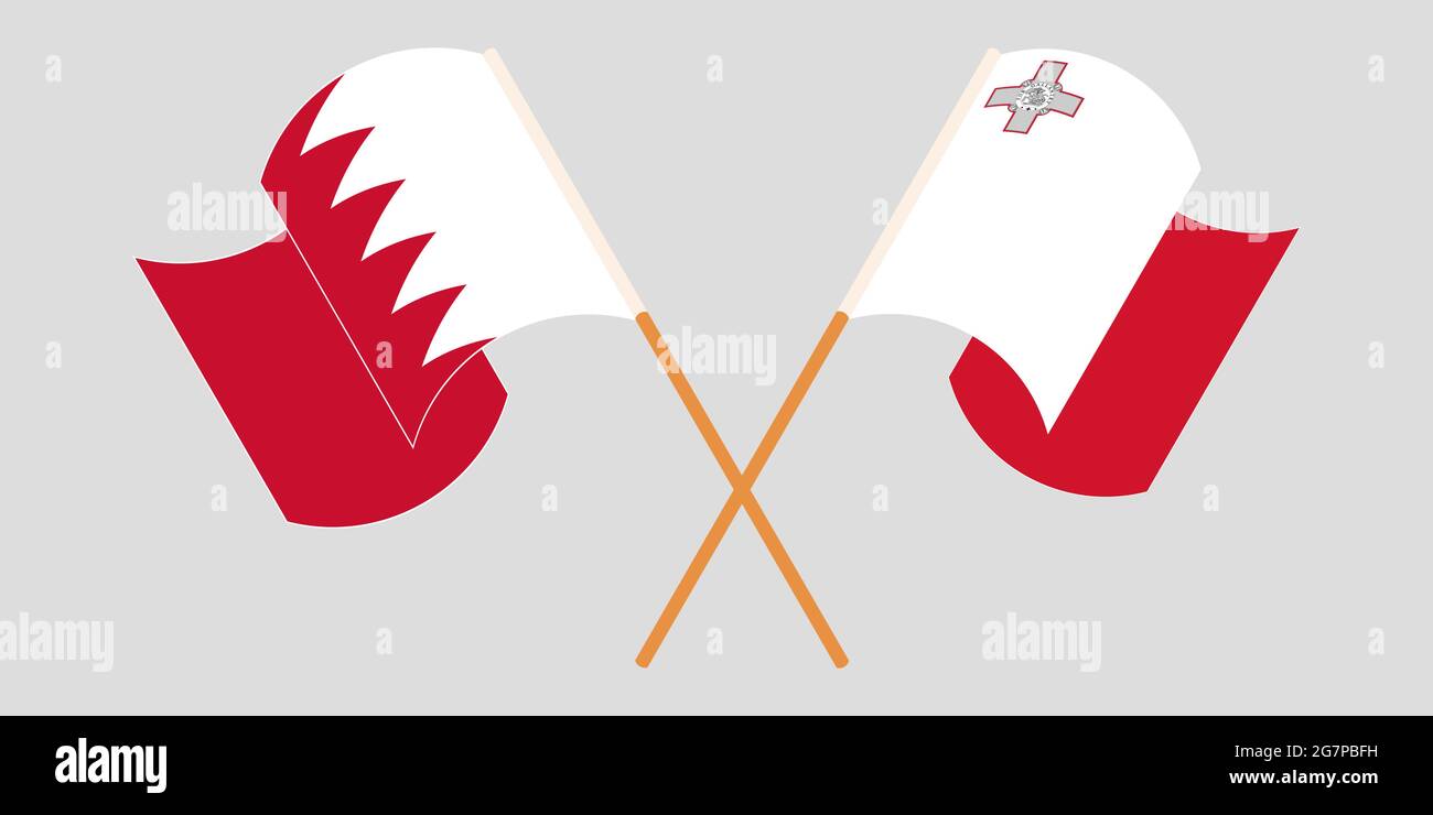 Crossed And Waving Flags Of Malta And Bahrain Vector Illustration