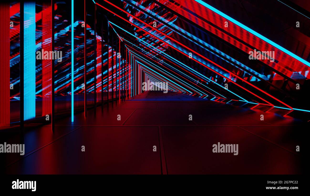 3D illustration of colorful neon lights triangular tunnel with glossy ...