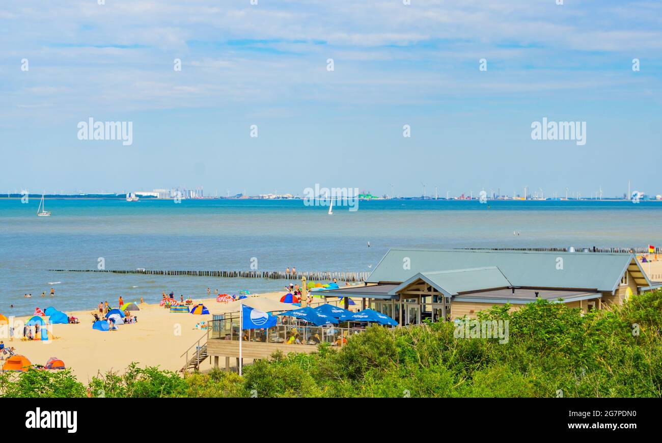 view on the beach of Breskens with dutch Terrace, Breskens, The ...