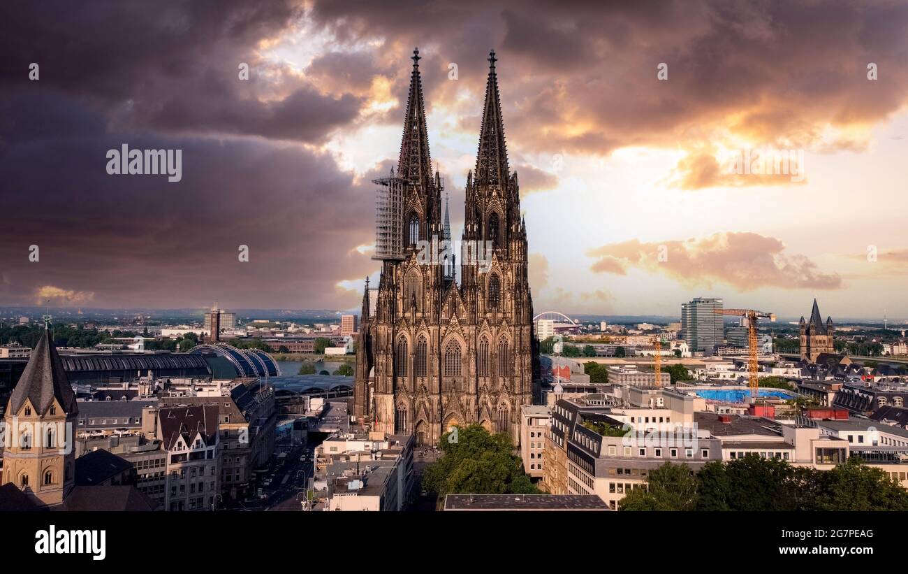 Cologne Cathedral - the iconic church in the city center - aerial view ...