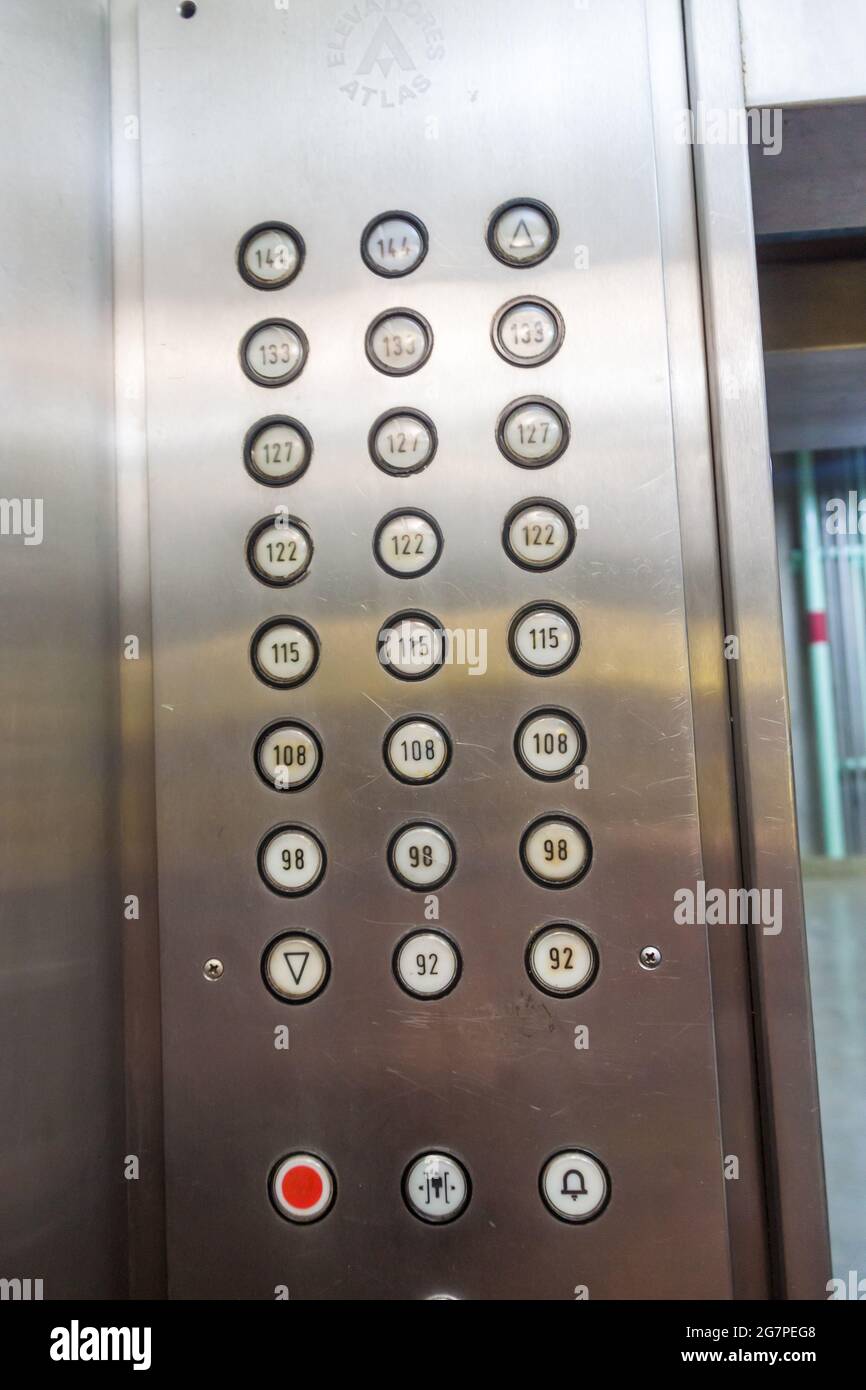 Buttons in an elevator indicate elevation, Itaipu dam on river Parana ...