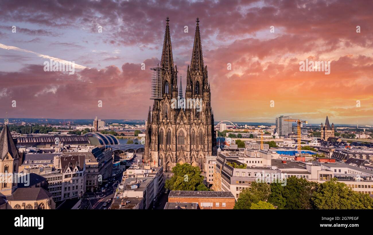 Cologne Cathedral - the iconic church in the city center - aerial view ...