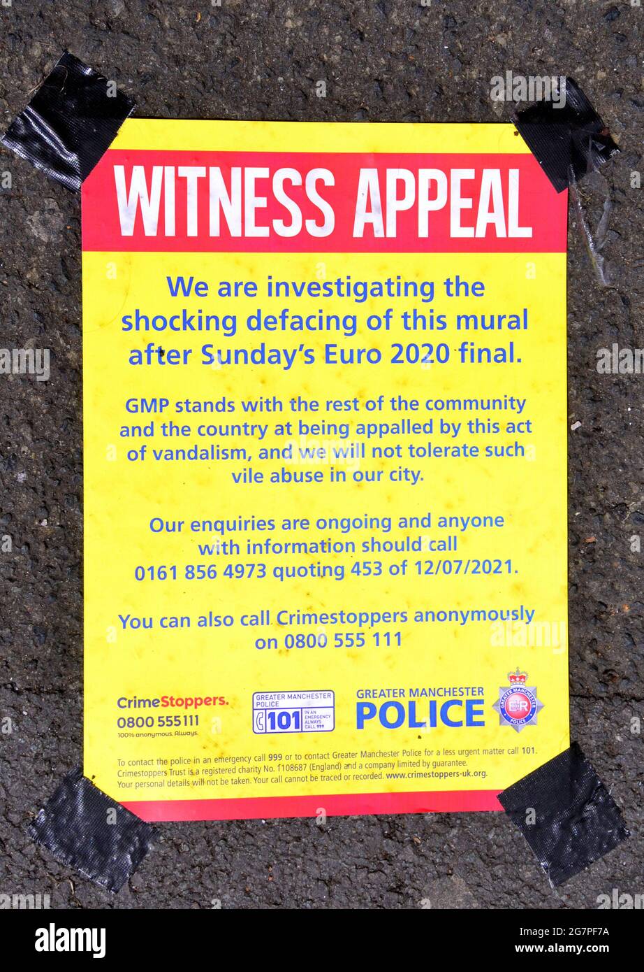 Police poster asking for witnesses to the defacement of the the Marcus ...