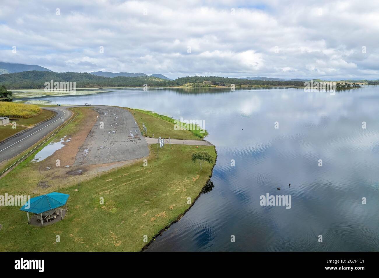 Boat ramp and parking area on a dam open to the public for water ski ...