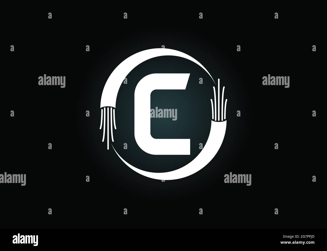 Initial C monogram letter alphabet with electric wire, optical fiber ...