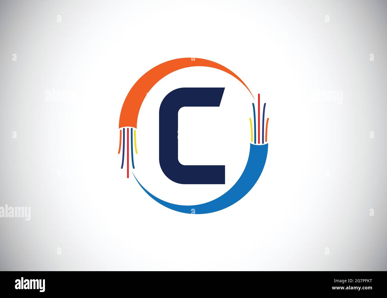 Initial C monogram letter alphabet with electric wire, optical fiber ...