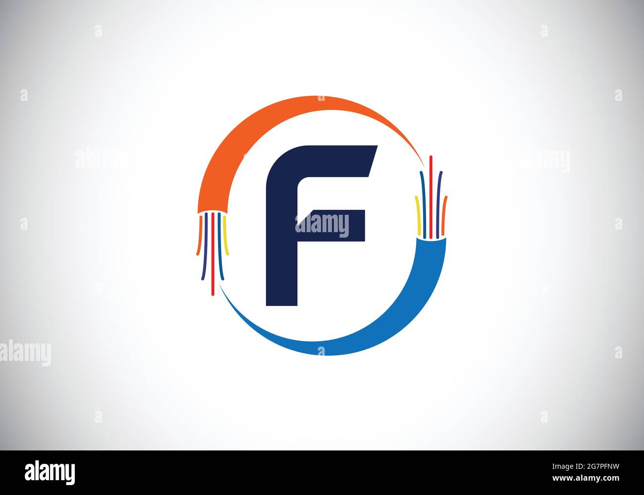 Initial F monogram letter alphabet with electric wire, optical fiber ...